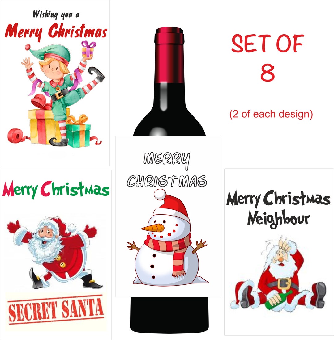 8 Assorted Christmas Wine Bottle Labels, Secret Santa, Neighbour Gift ...