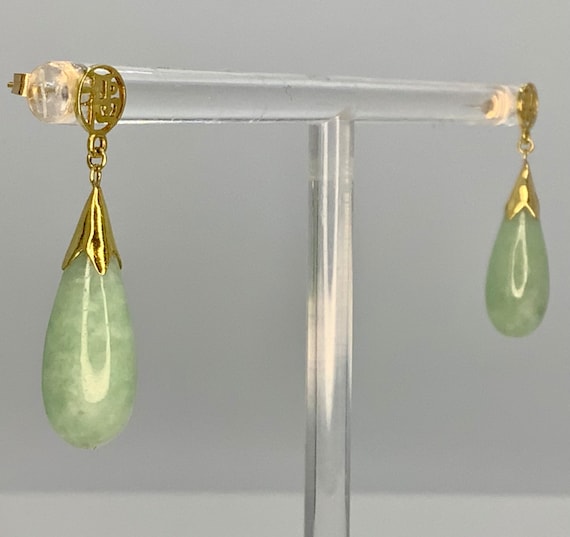14K Gold Jade Teardrop Dangle Kanji Symbol Earrings L… - Gem