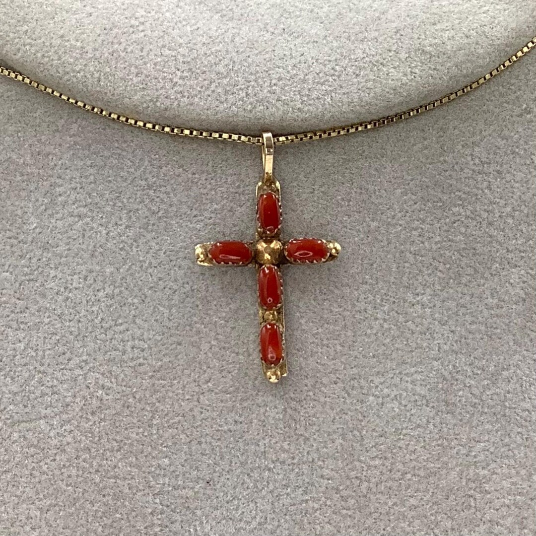 14K Gold & Red Coral Petit Point Cross Pendant 1" Tall - Etsy