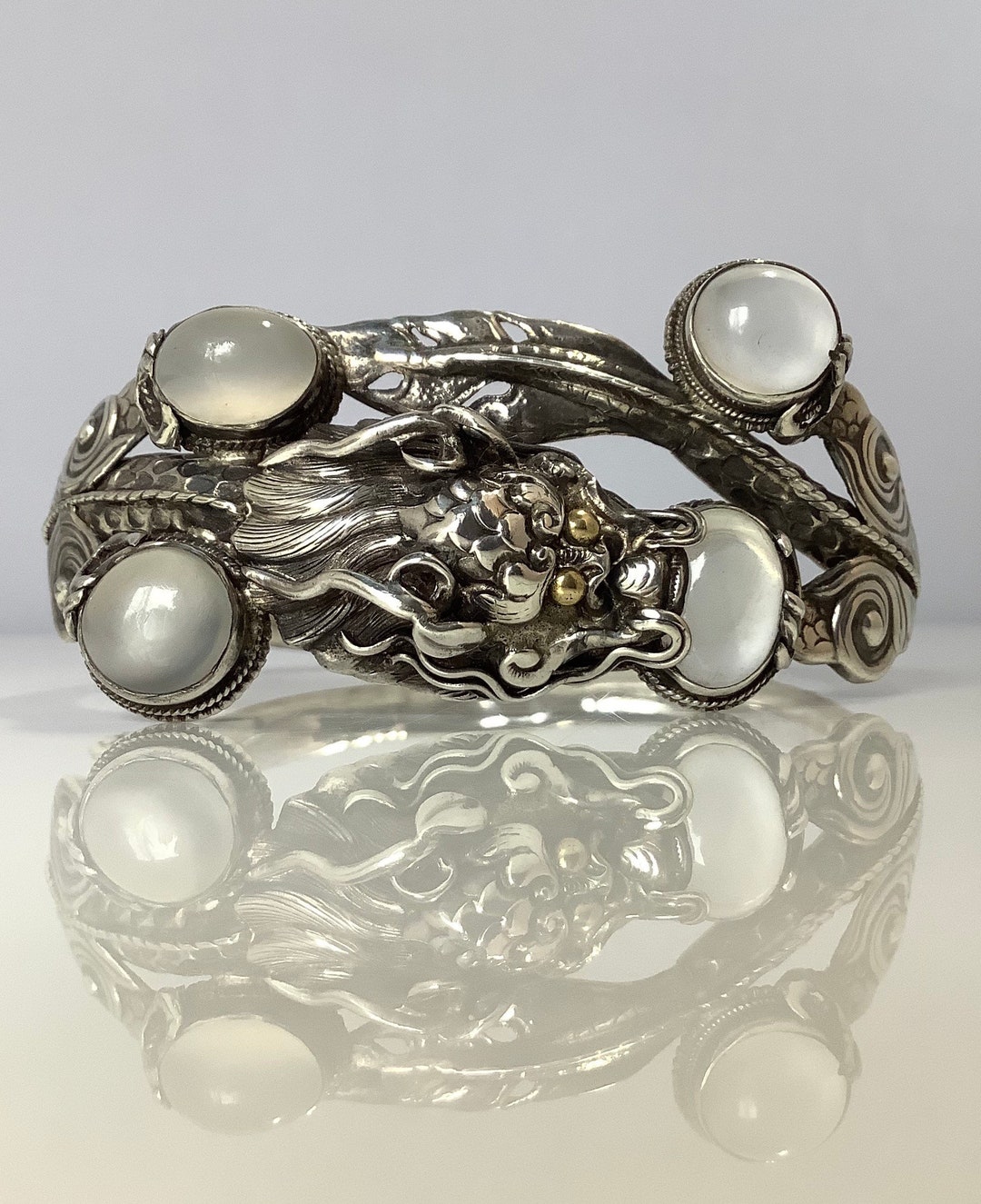 Antique Chinese Dragon Figural Sterling Silver & Moonstone Cabochons ...