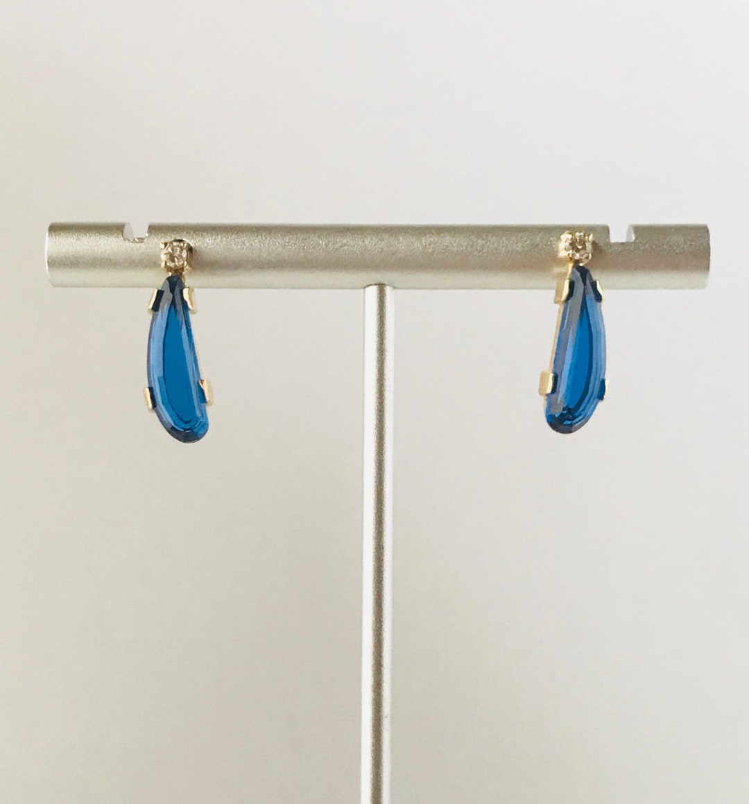 14k Gold Blue Crystal & Genuine Diamond 3/4" Long Stud Fixed Drop Post ...