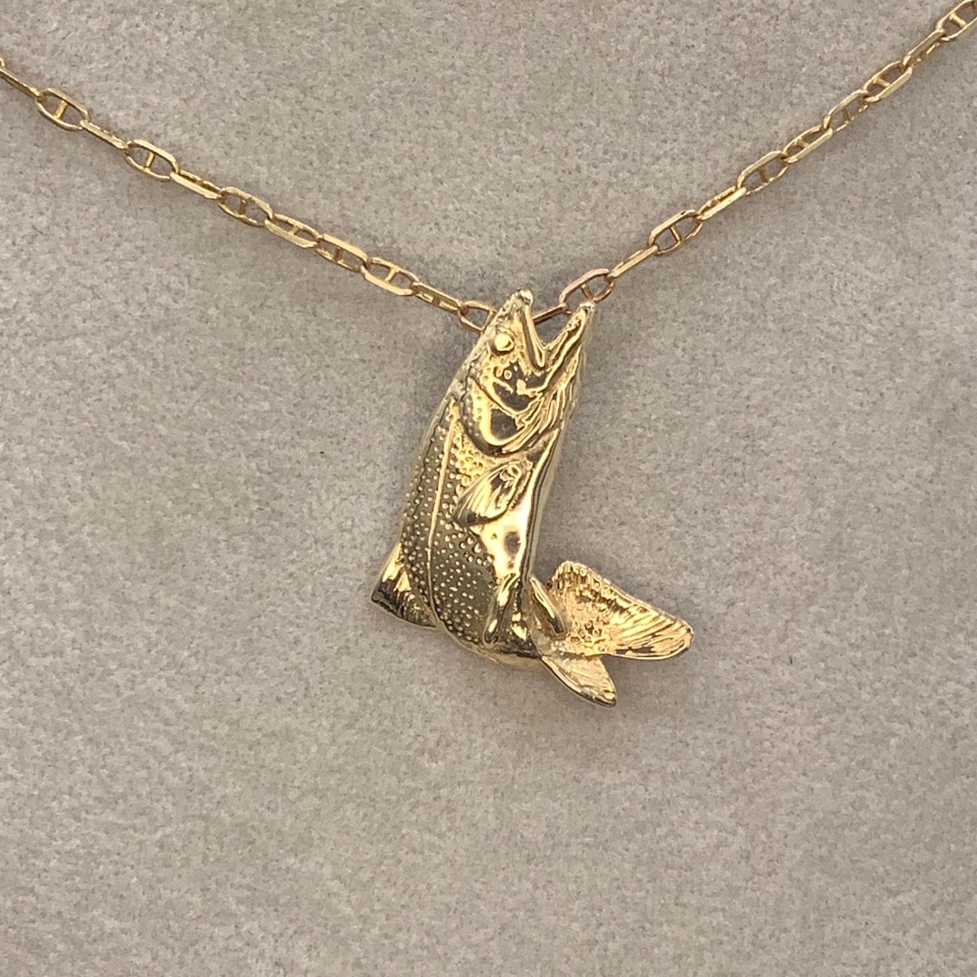 14K Gold Fish Fishing Bass Trout Salmon Fisherman’s Pendant Solid Gold ...