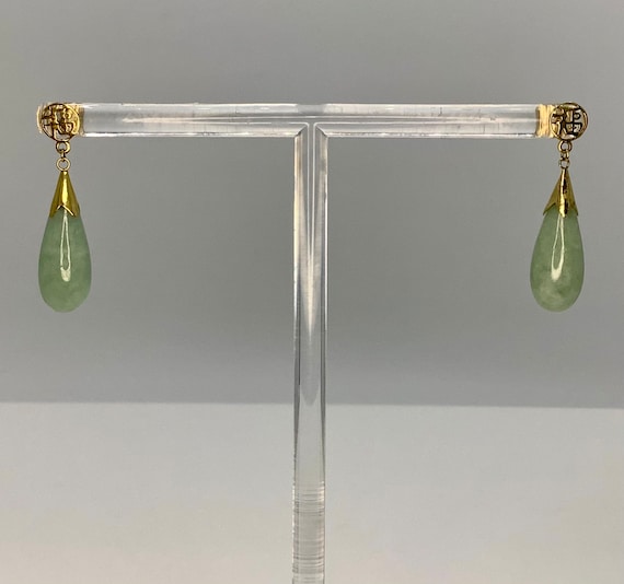 14K Gold Jade Teardrop Dangle Kanji Symbol Earrings L… - Gem