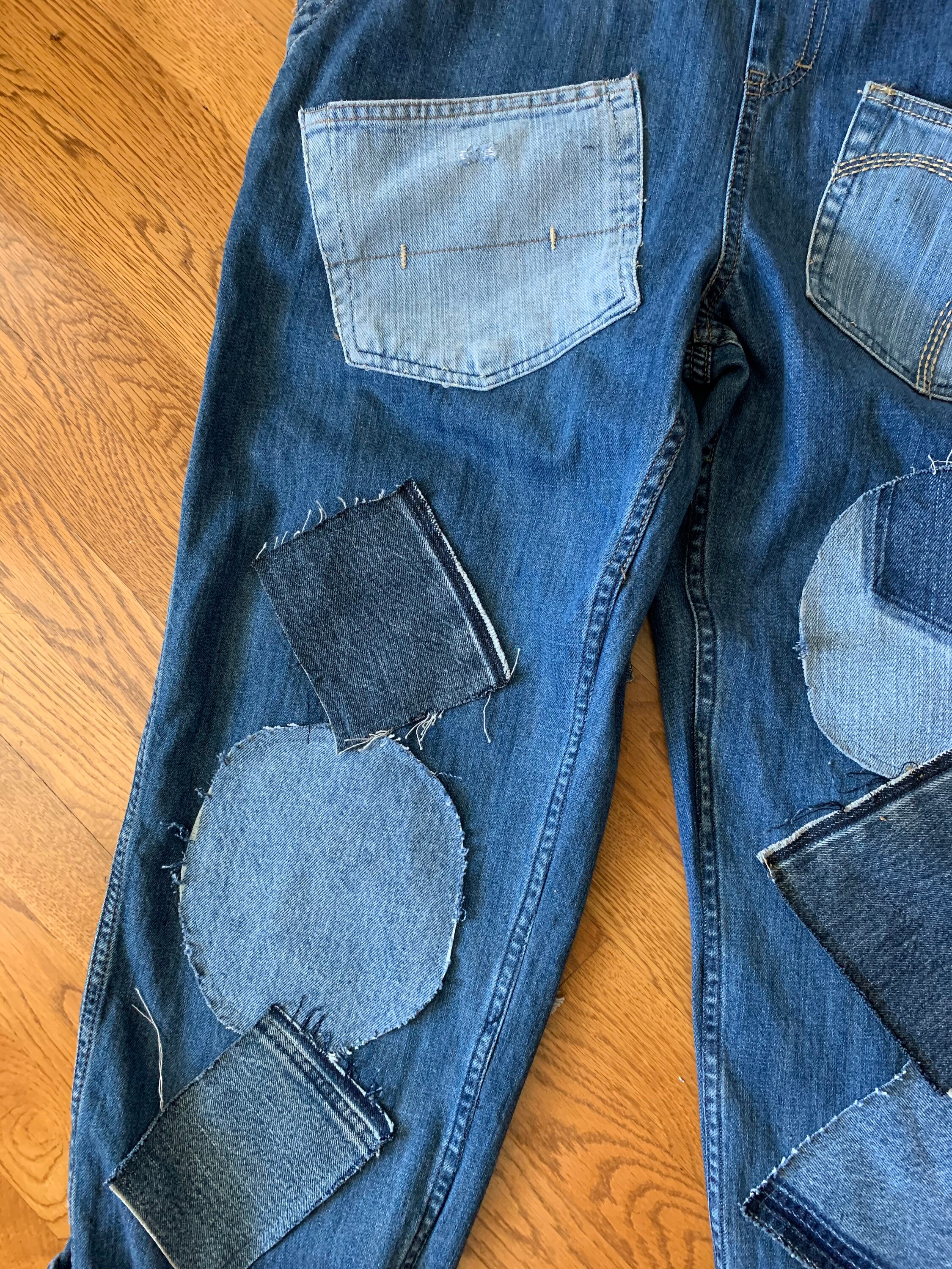 Medium Denim Overalls With Faded Denim Patches and Extra Pockets. - Etsy