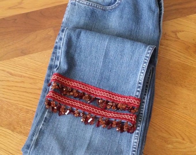 Restyled JEANS With Red BEAD FRINGE, Womens Size 8 - Etsy