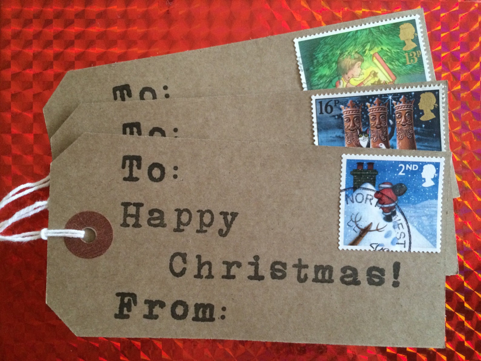 Large Hand Stamped Traditional Christmas Tags With Vintage Postage ...
