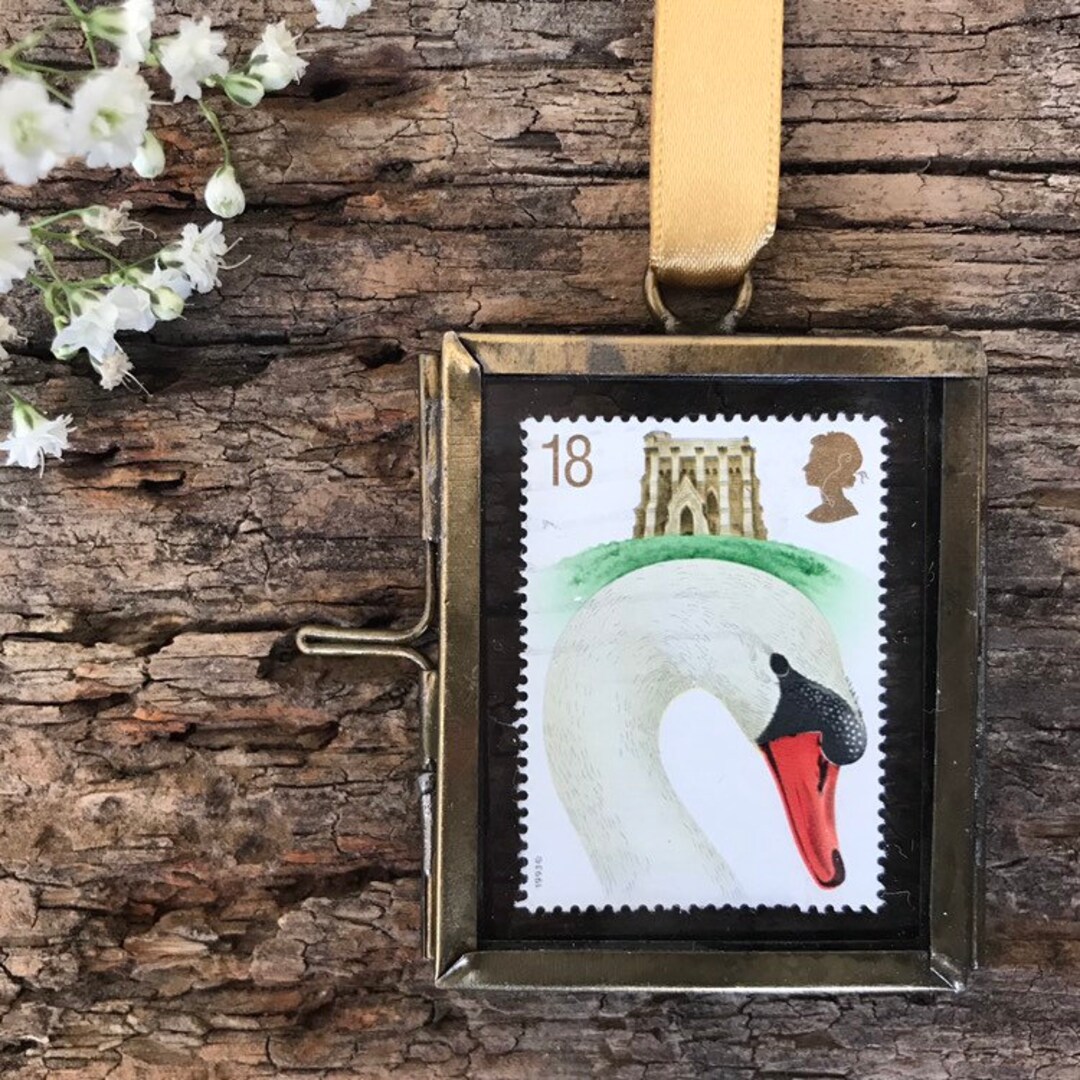 Vintage Swan Postage Stamp Ornament - Miniature Swan Gift in Glass ...