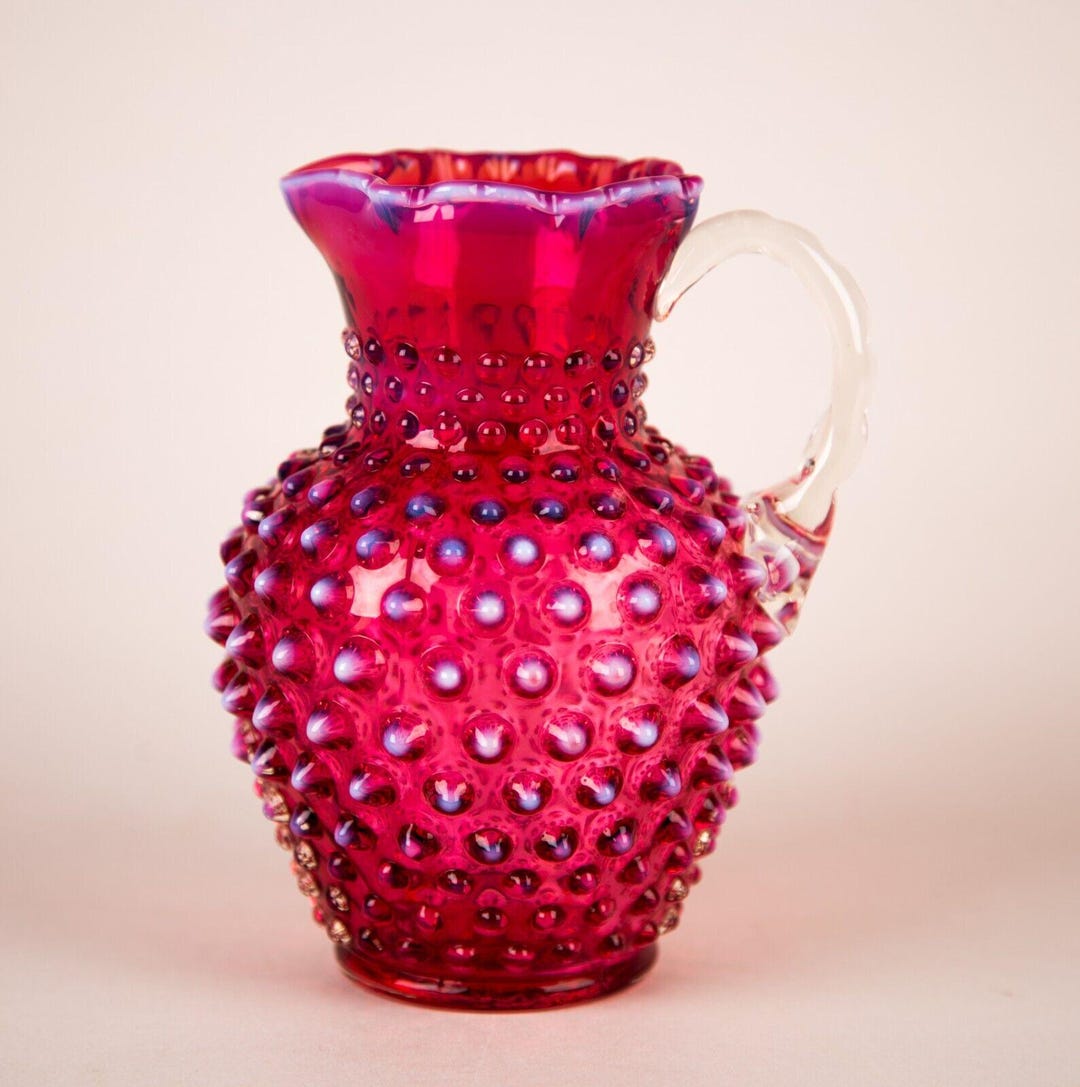 Fenton Cranberry Opalescent Hobnail Syrup Pitcher Small Jug Vintage ...