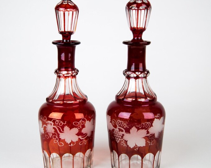 Antique Bohemian Ruby Red Etched Glass Decanters Set of 2 Grape Vine ...