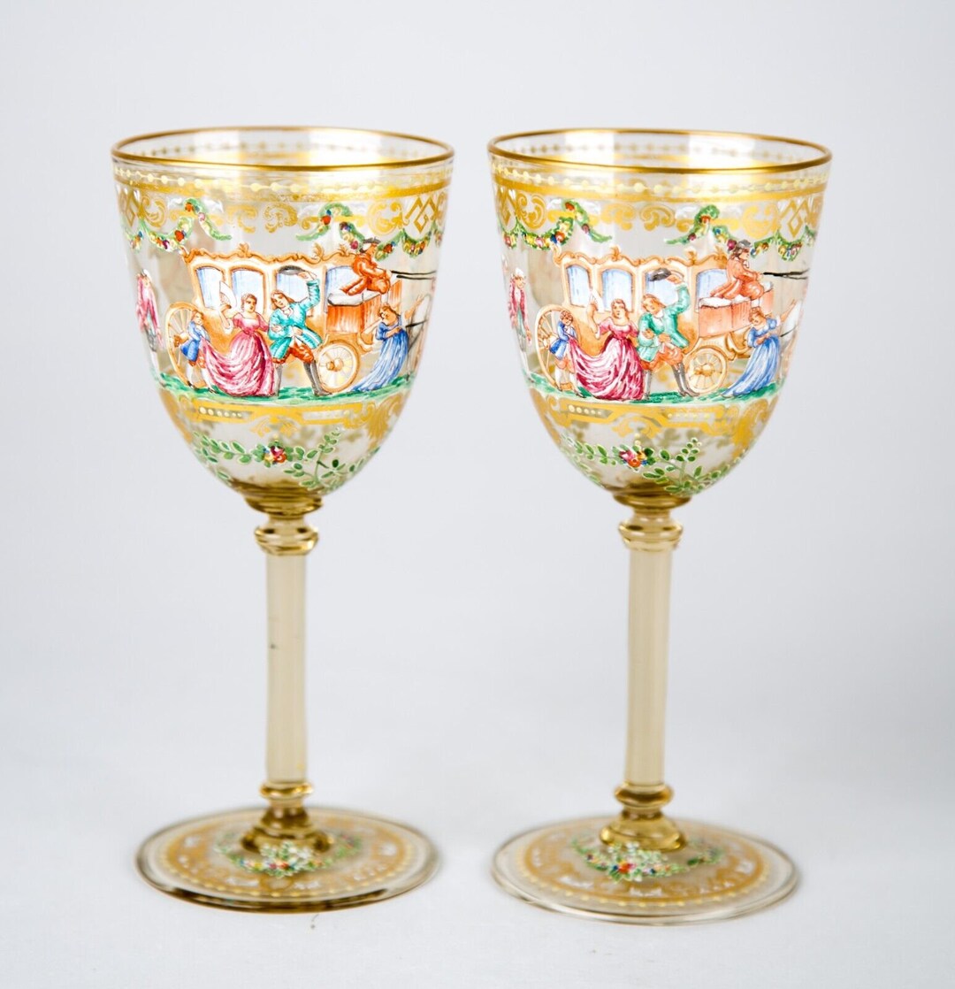Venetian Enameled Gentlemen & Ladies Coach Scene Wine Glass Goblets Set ...