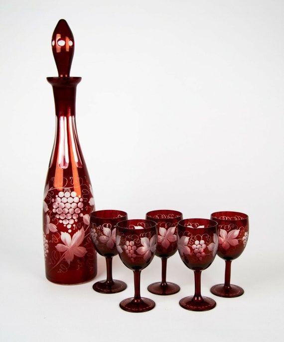 Vintage Ruby Red Decanter Set with Vase - munimoro.gob.pe