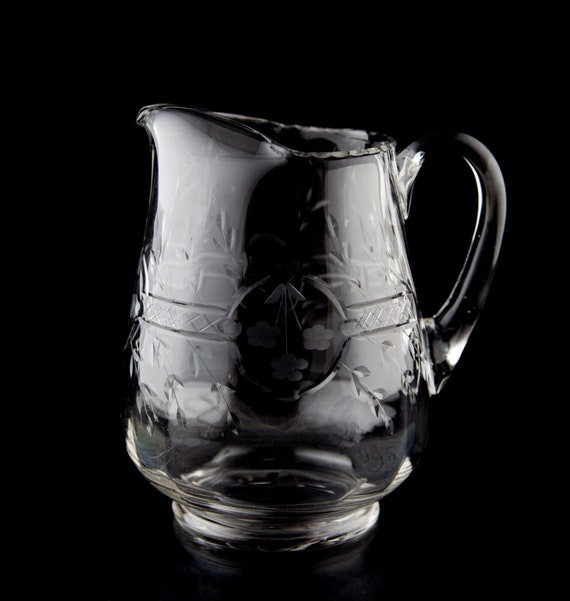 Vintage Cut Glass Floral Etch Ice Lip Pitcher - Etsy