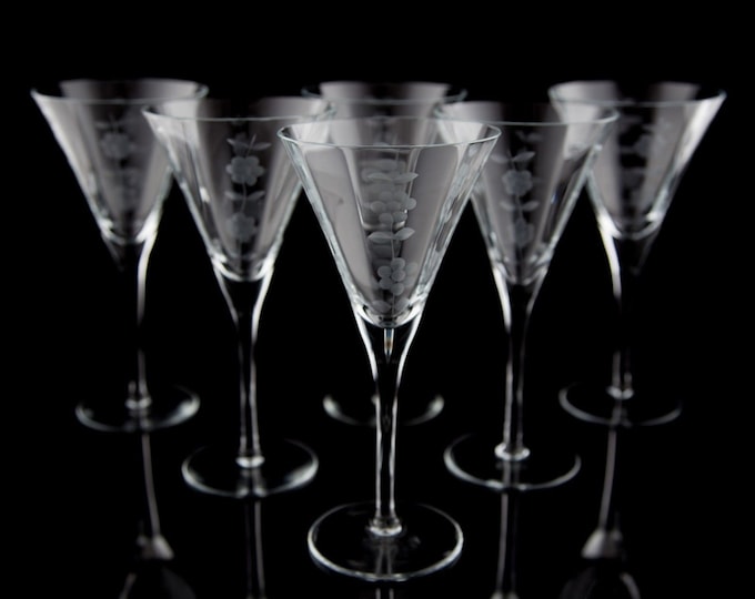 Colony Sandra Water Goblet Glasses, Set of (6), Gray Cut Floral Etch ...
