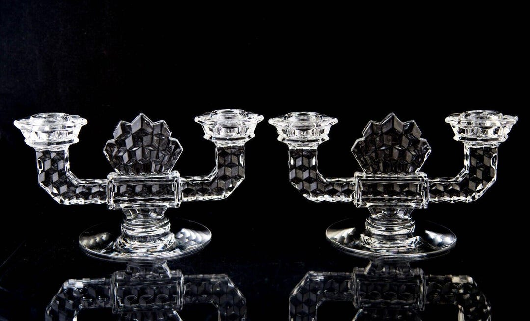 Fostoria American Clear Double Flat Candlesticks Set of 2 Vintage Cube ...