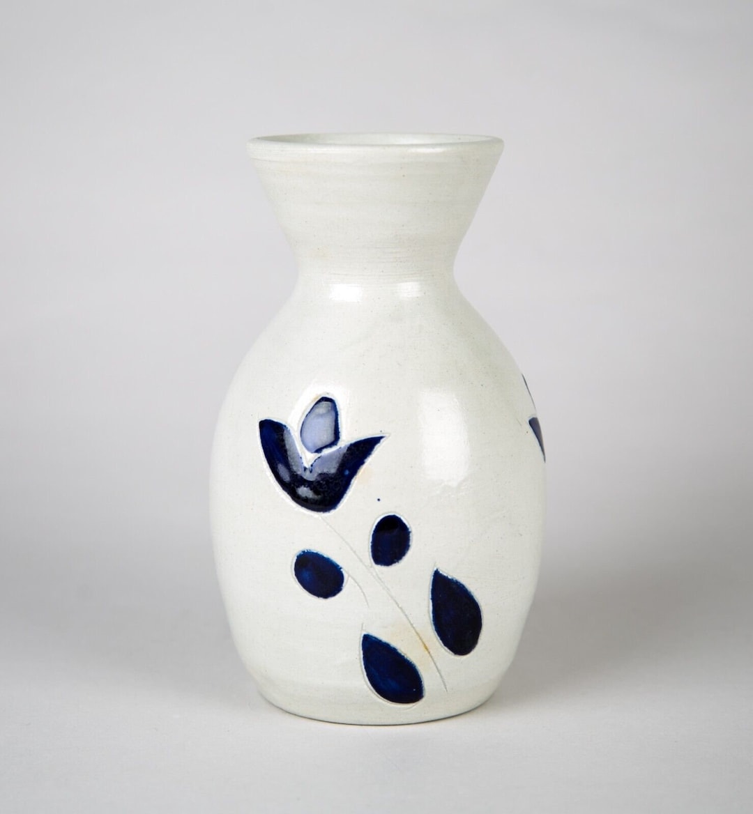 Vintage Salt Glazed Pottery Cobalt Blue Leaf Design Carafe Pitcher Vase ...