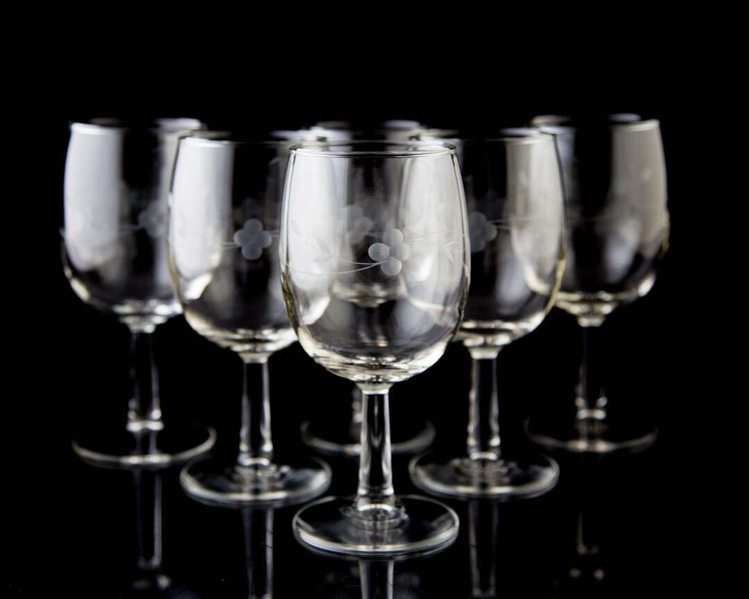 Javit Princess Water Wine Goblet Glasses Set of 7 Vintage Floral Etch ...
