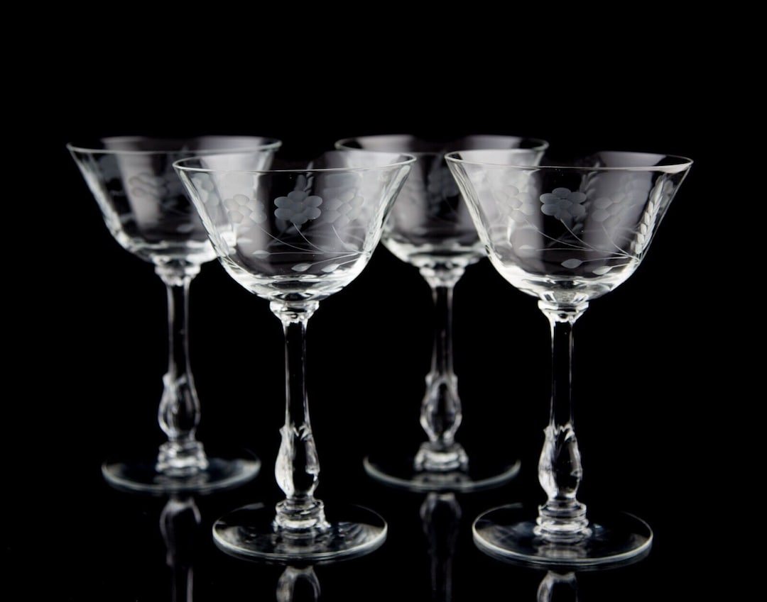 Vintage Floral Etch Tulip Stem Champagne Coupe Glasses Set of 4 Elegant ...