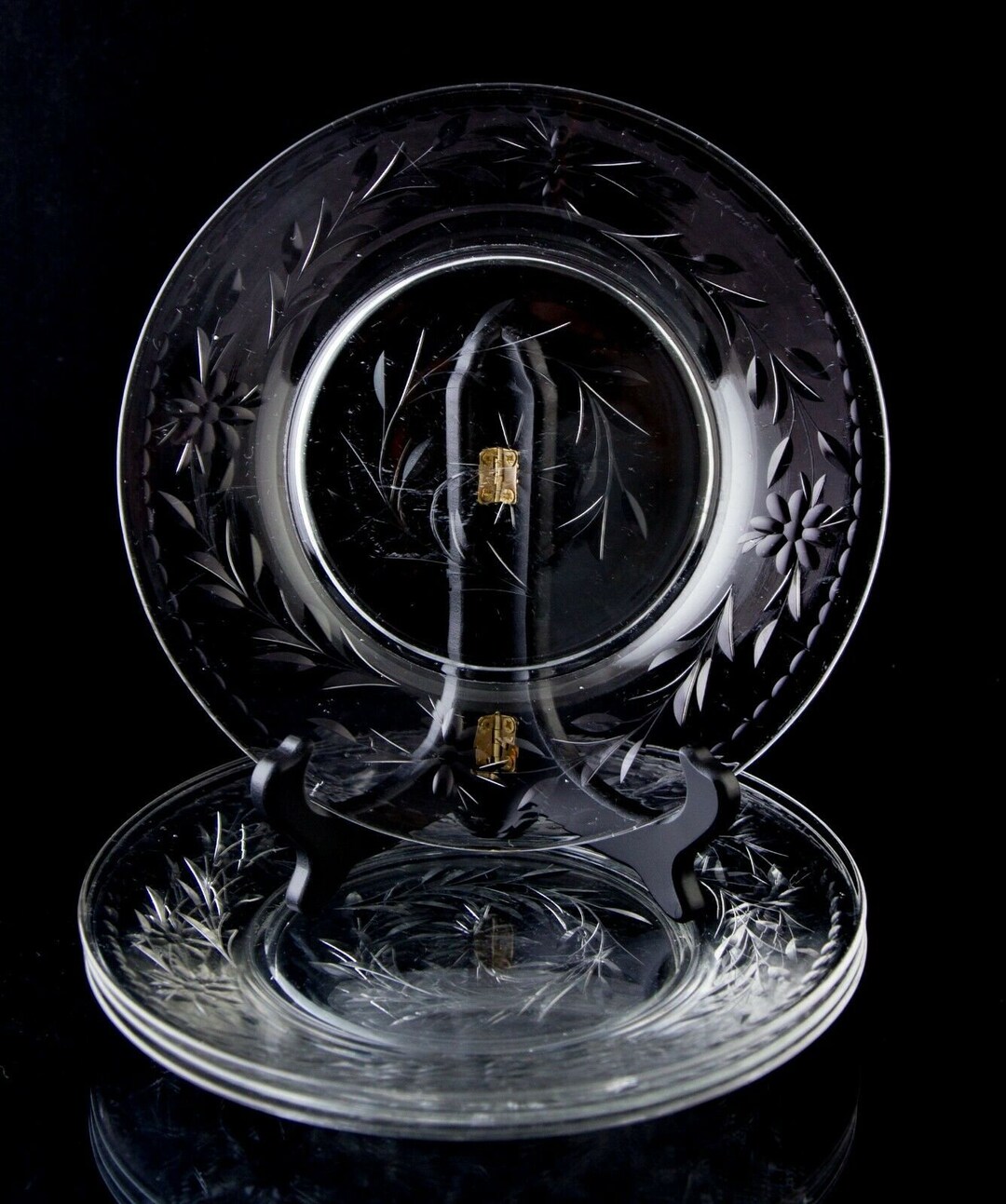 Vintage Gray Cut Floral Etch Glass Salad Plates Set of 3 Elegant ...