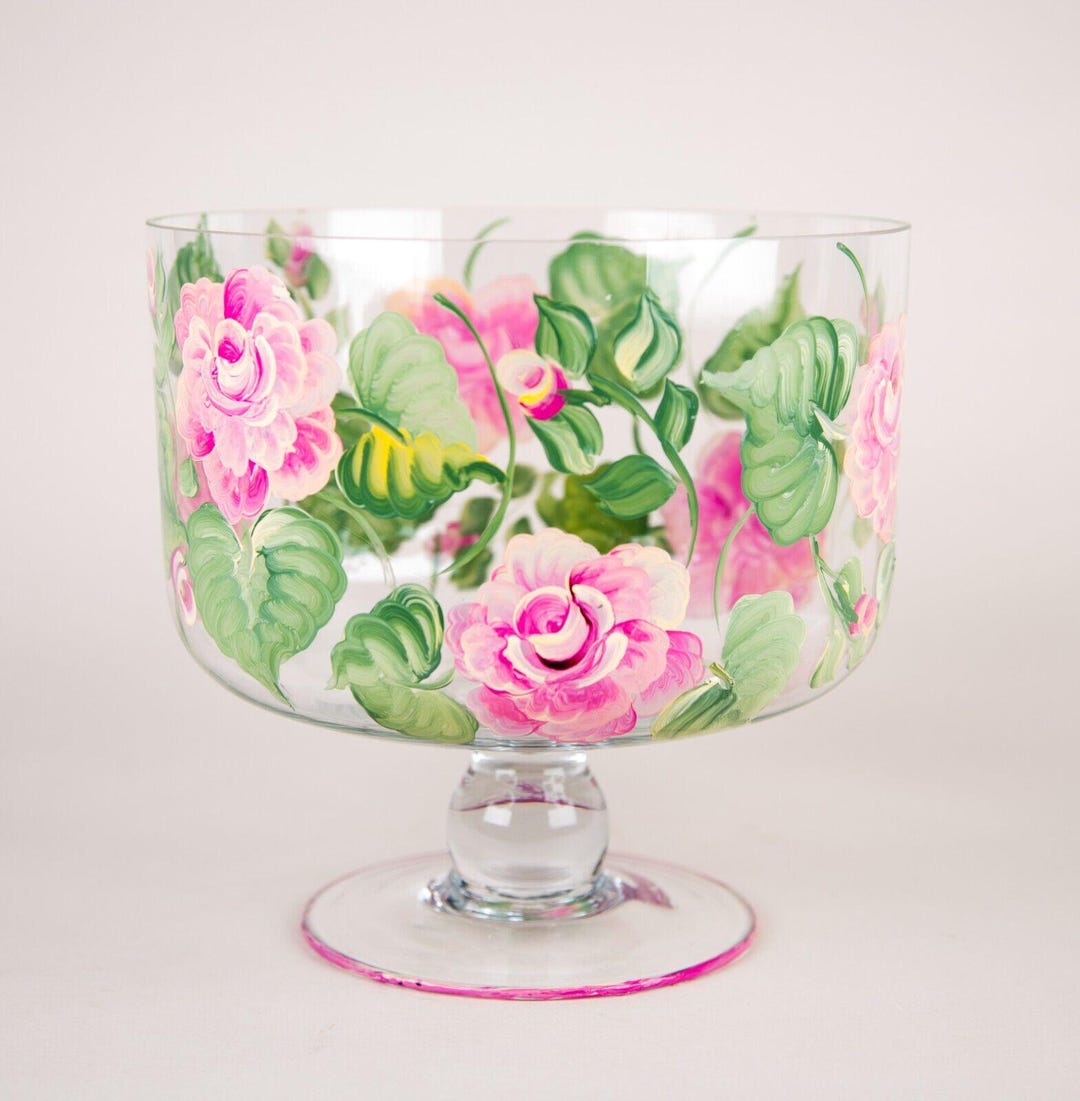 Vintage Hand Painted Roses Large Glass Compote Footed Bowl Artist ...