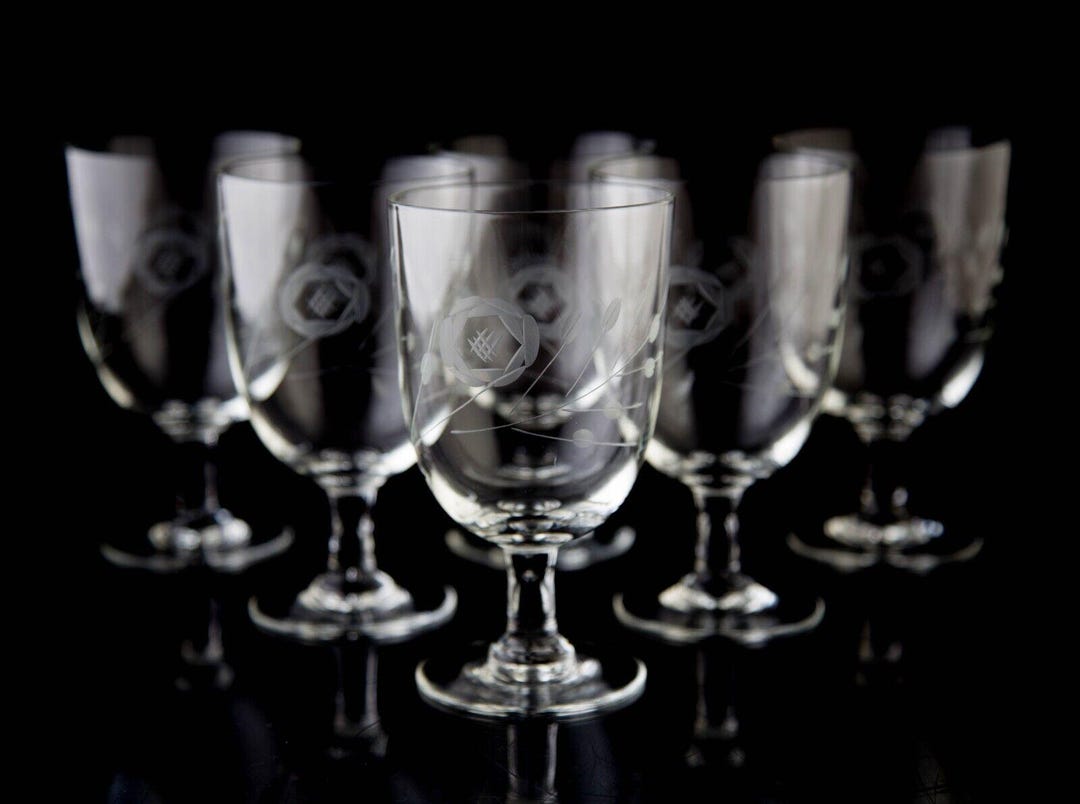 Sasaki Rose Etch Water Wine Glasses Set of 8 Vintage Floral Stemware ...