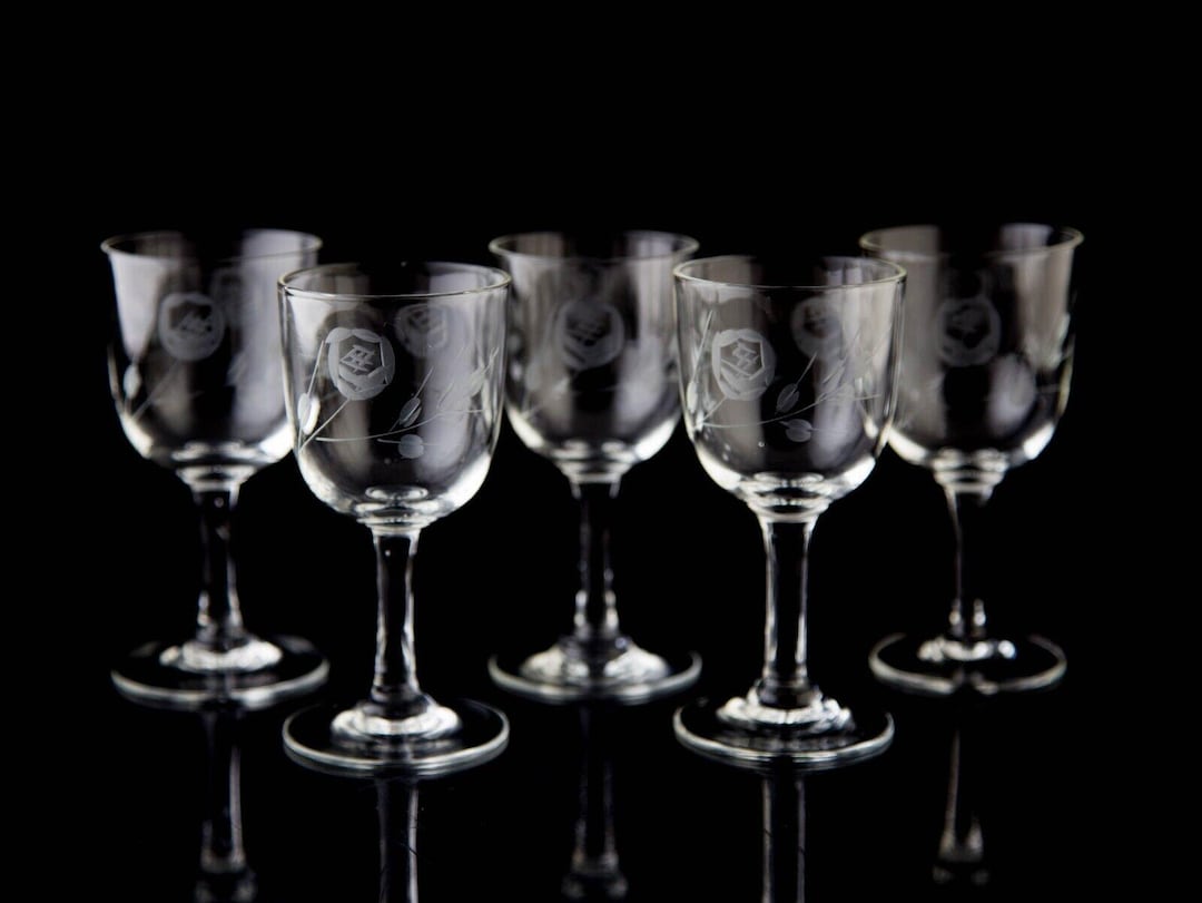 Sasaki Rose Etch Small Wine Sherry Glasses Set of 5 Vintage Floral ...