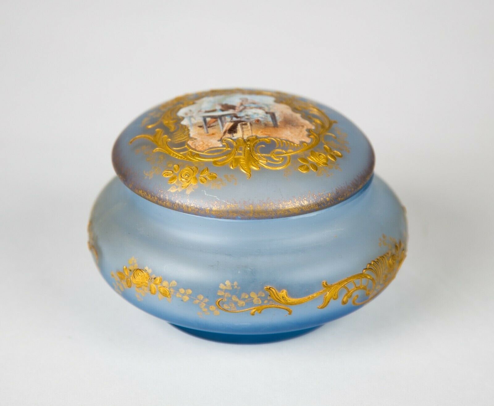 Antique Acid Etched Frosted Glass Enameled Powder Vanity Trinket Box ...