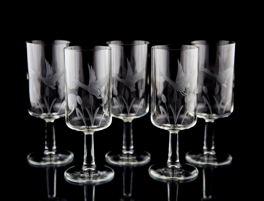 Vintage Game Bird Wild Duck Mallard Etch Wine Glasses Set of 5 Barware ...