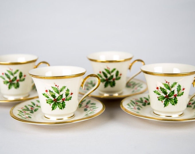 Lenox Holiday Dimension Cups & Saucers Set of 4 Vintage Christmas ...