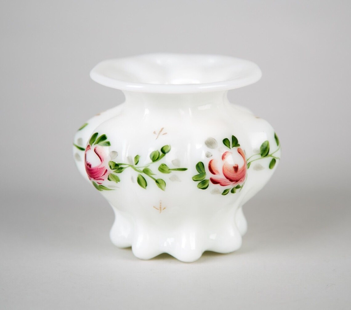 Consolidated Hand Painted Roses Milk Glass Vase Vintage - Etsy