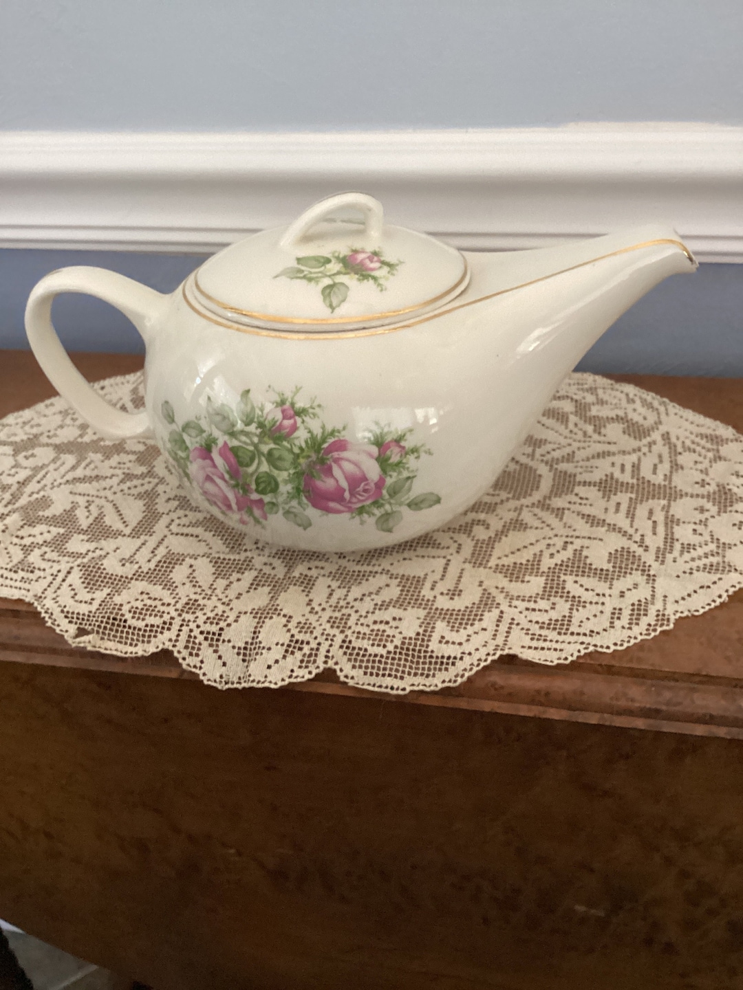 Pink Rose Aladdin Shaped Teapot With Gold Trim - Etsy