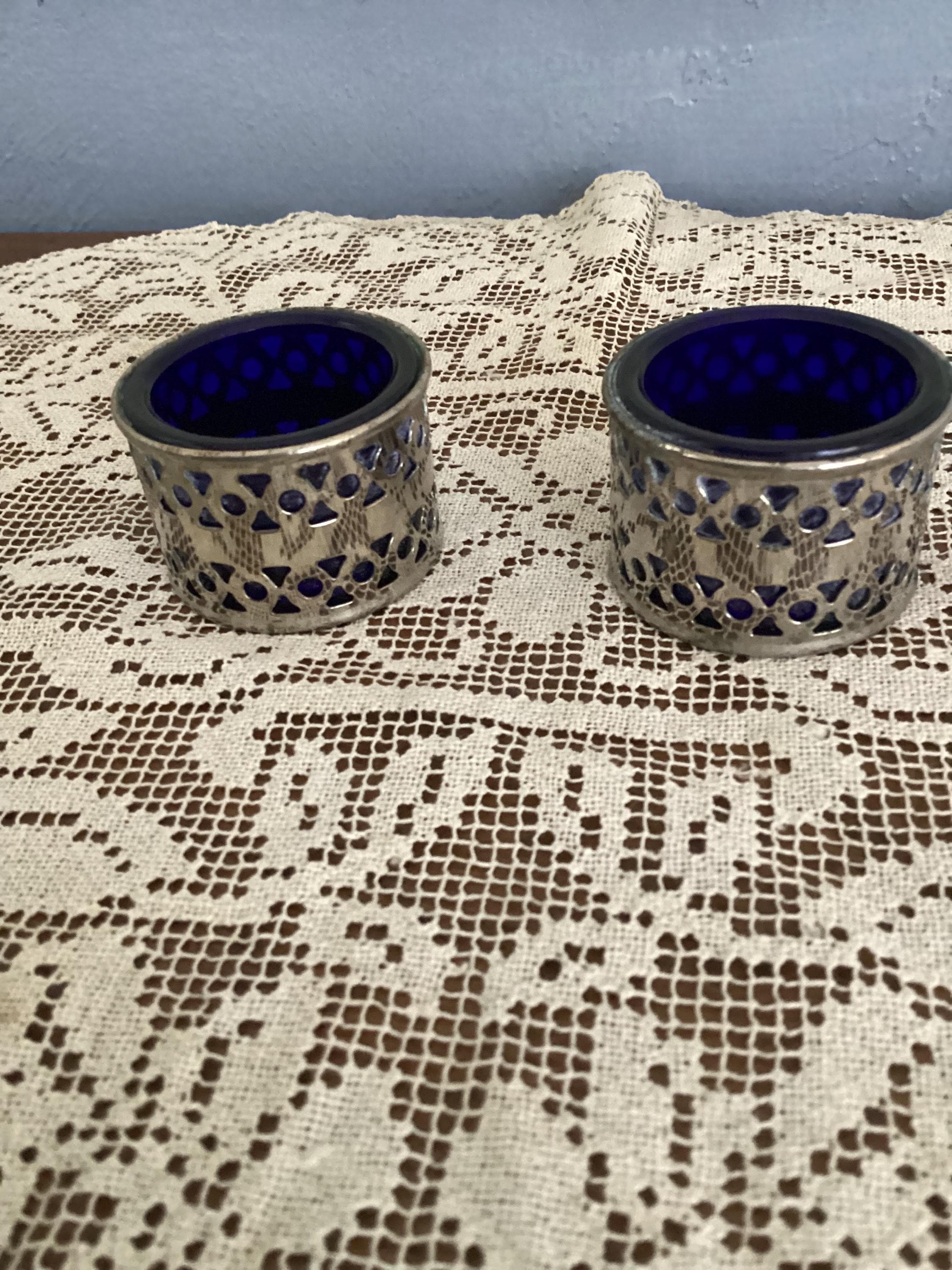 Set of Two Silver Plate EPNS Salt Cellars With Cobalt Inserts - Etsy
