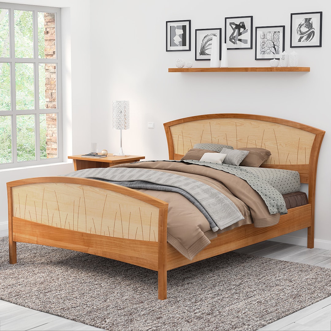 Solid Wood Bed Frame Handmade in Natural Cherry With Curly Maple "river ...