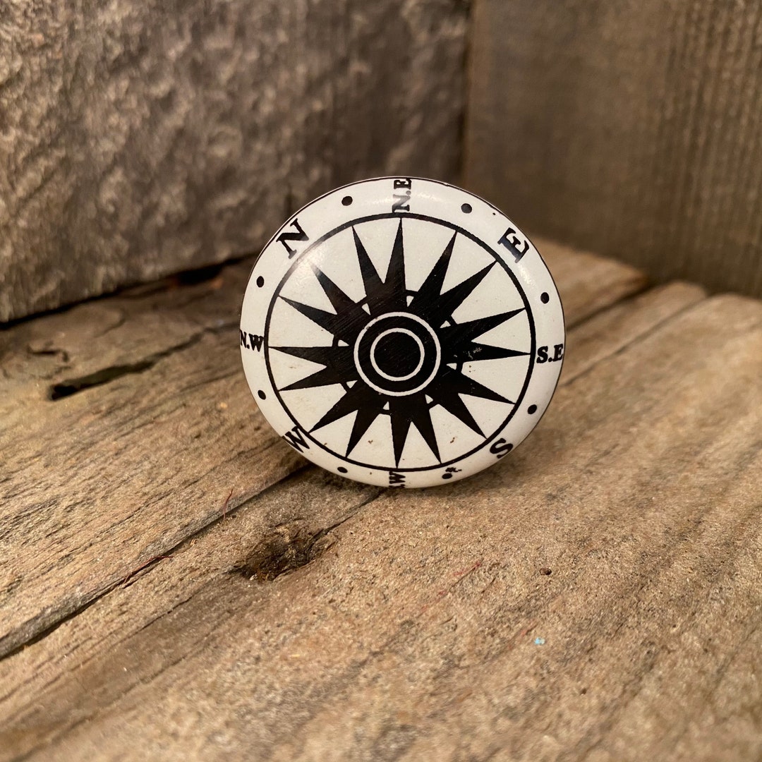 Nautical Compass Ceramic Knob, Black and White Drawer Pull - Etsy