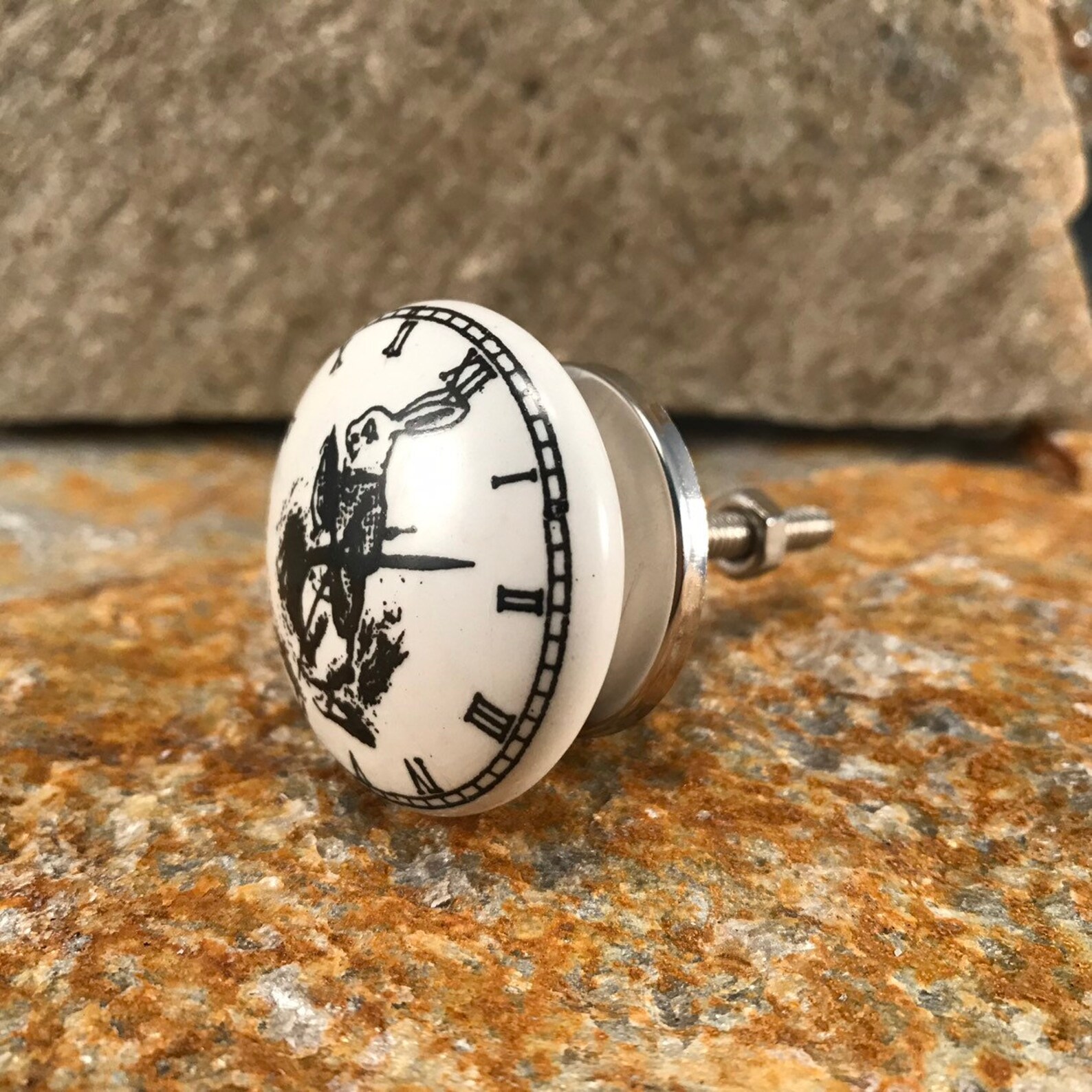 Ceramic Knob, Round Clock Faced Drawer Pull, Alice in Wonderland Style ...