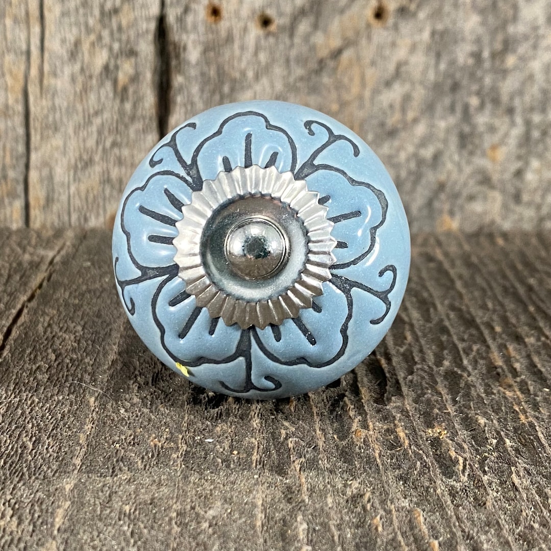 Embossed Floral Ceramic Knob, Grey Cabinet Drawer Pull - Etsy