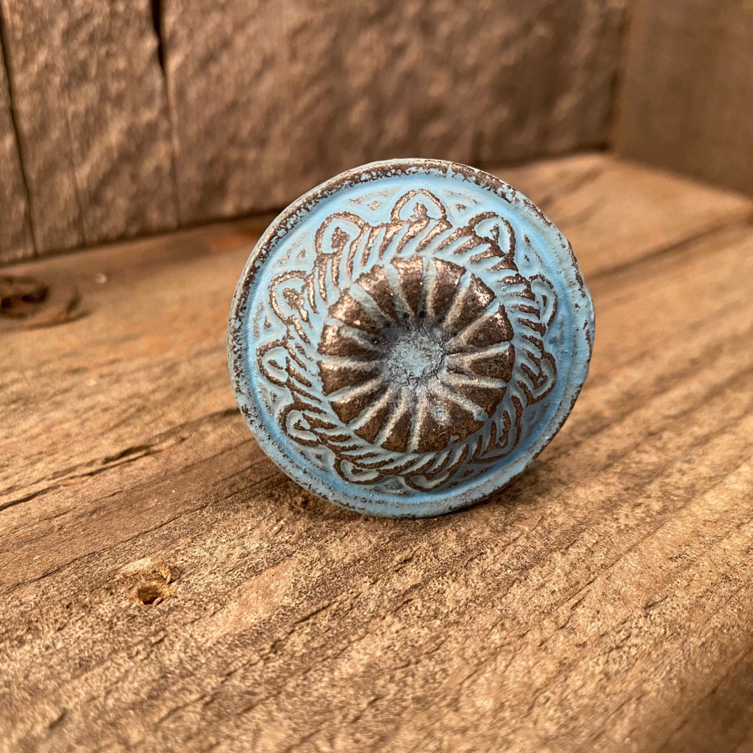 French Blue Cast Iron Knob, Raised Sculpted Design - Etsy