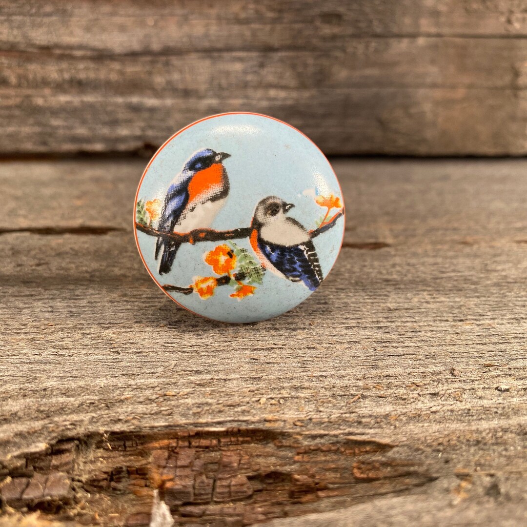Ceramic Knob, Bird Round Drawer Pull, Decorative Country Knob, Chrome Apron, Birds on A Branch ...