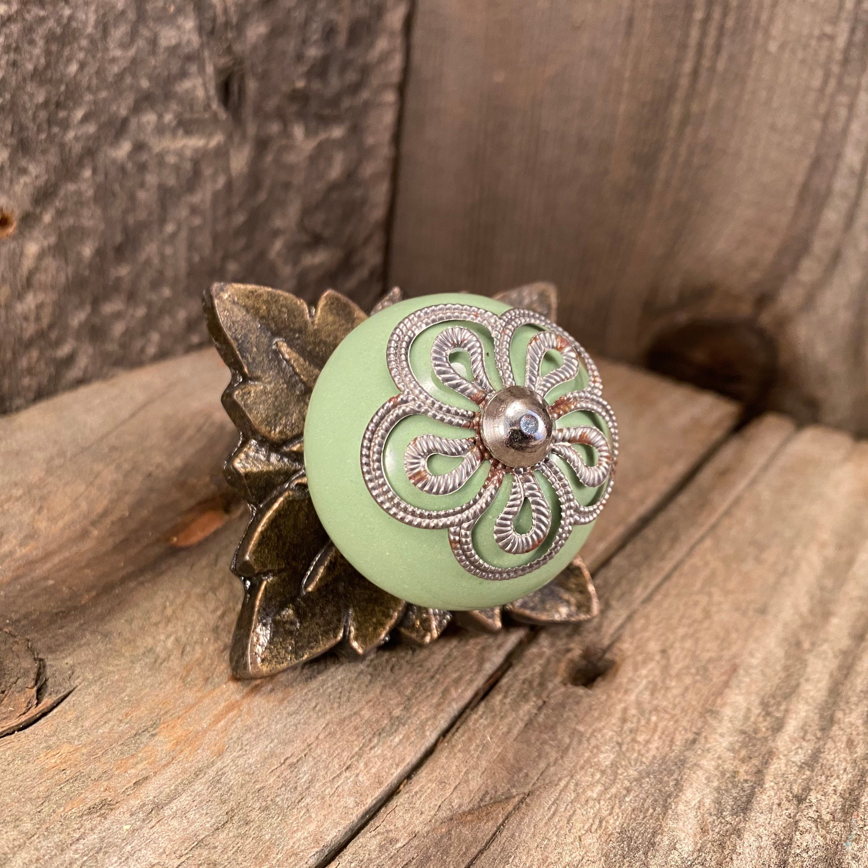 Ceramic Knob Vintage Style Green Knob with Antique Brass | Etsy