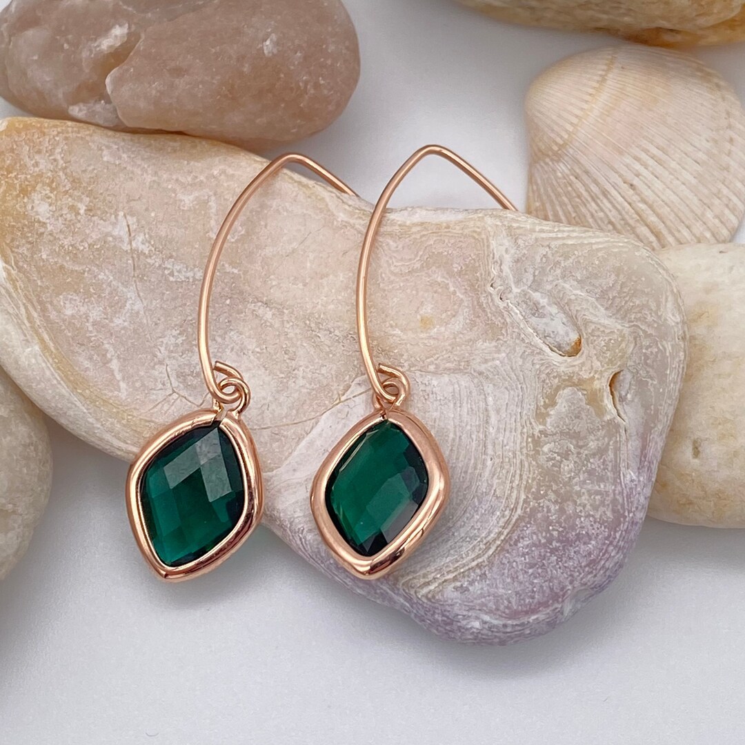 Emerald Rose Gold Earrings | Rose Gold Emerald Earrings | Emerald Glass ...
