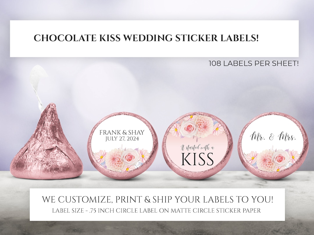 Printed Chocolate Kiss Stickers, Pink Flowers, Personalized Wedding ...