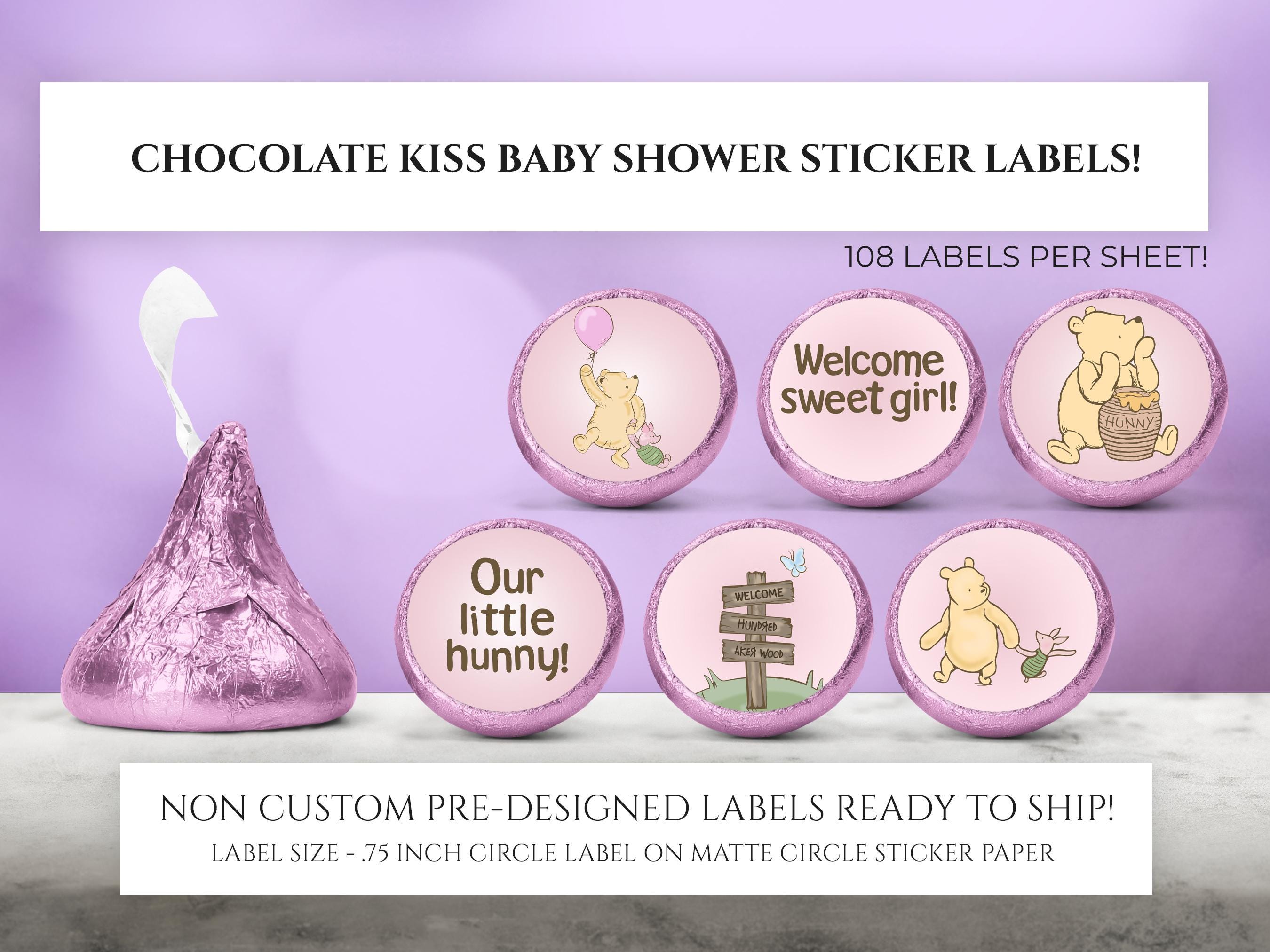 Printed Chocolate Kiss Stickers, Pink Winnie the Pooh Baby Shower ...