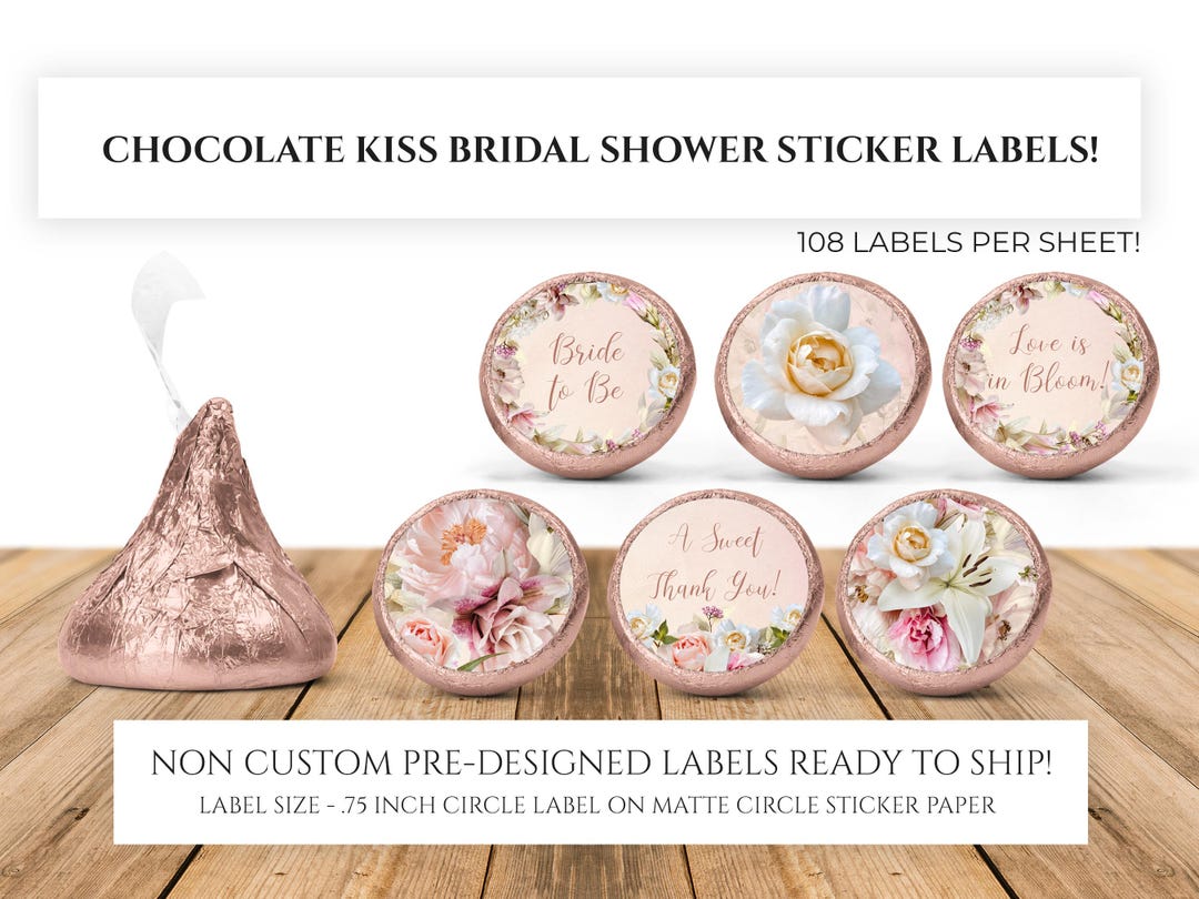 Chocolate Kiss Stickers, Pink Floral Bridal Shower Kiss Sticker, Bride ...