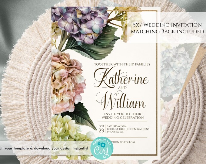 Hydrangea Wedding Invitation, Printable Invitation Template ...