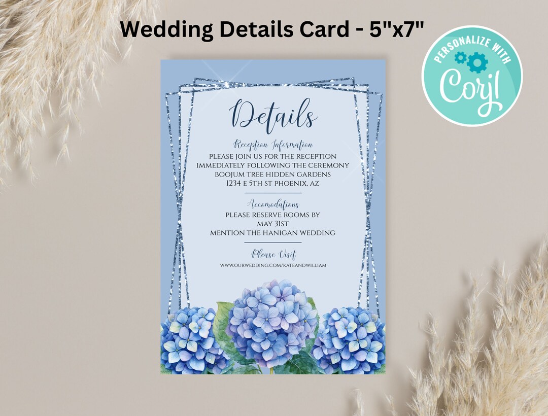 Hydrangea Blue Printable Wedding Details Card, Wedding Invitation ...