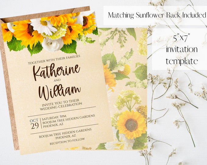 Sunflower Wedding Invitation, Printable Invitation Template ...
