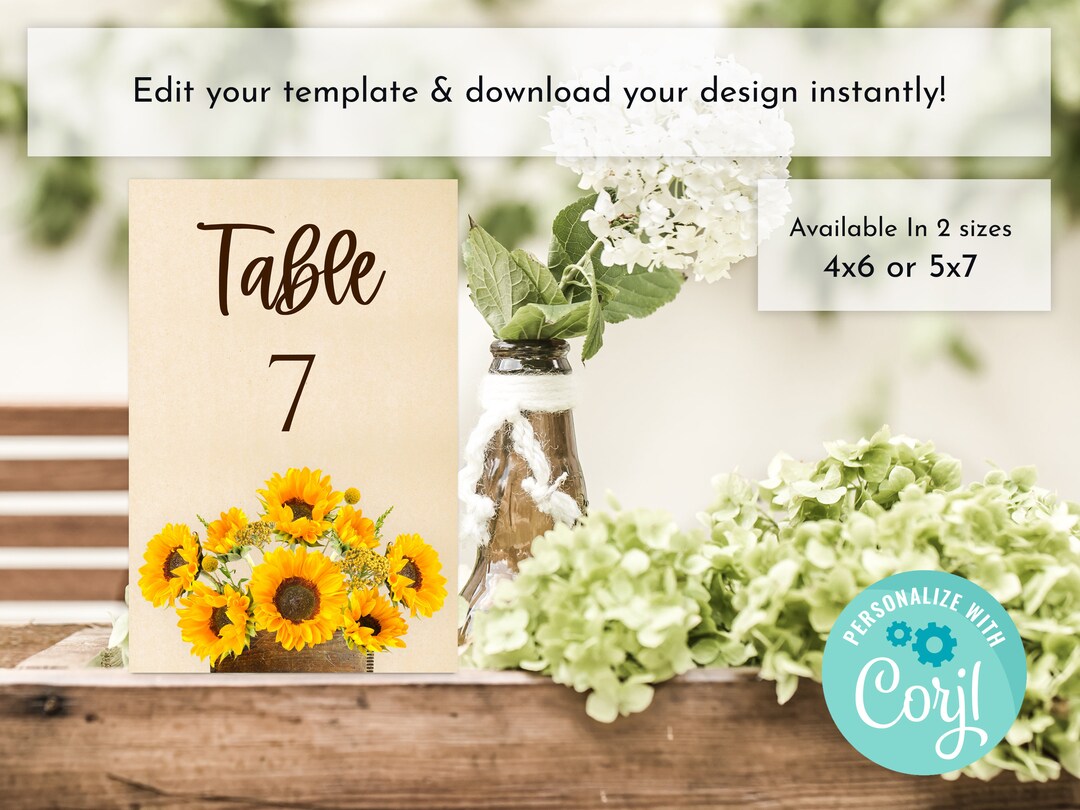 Sunflower Editable Table Number Template, Customizable Table Numbers ...