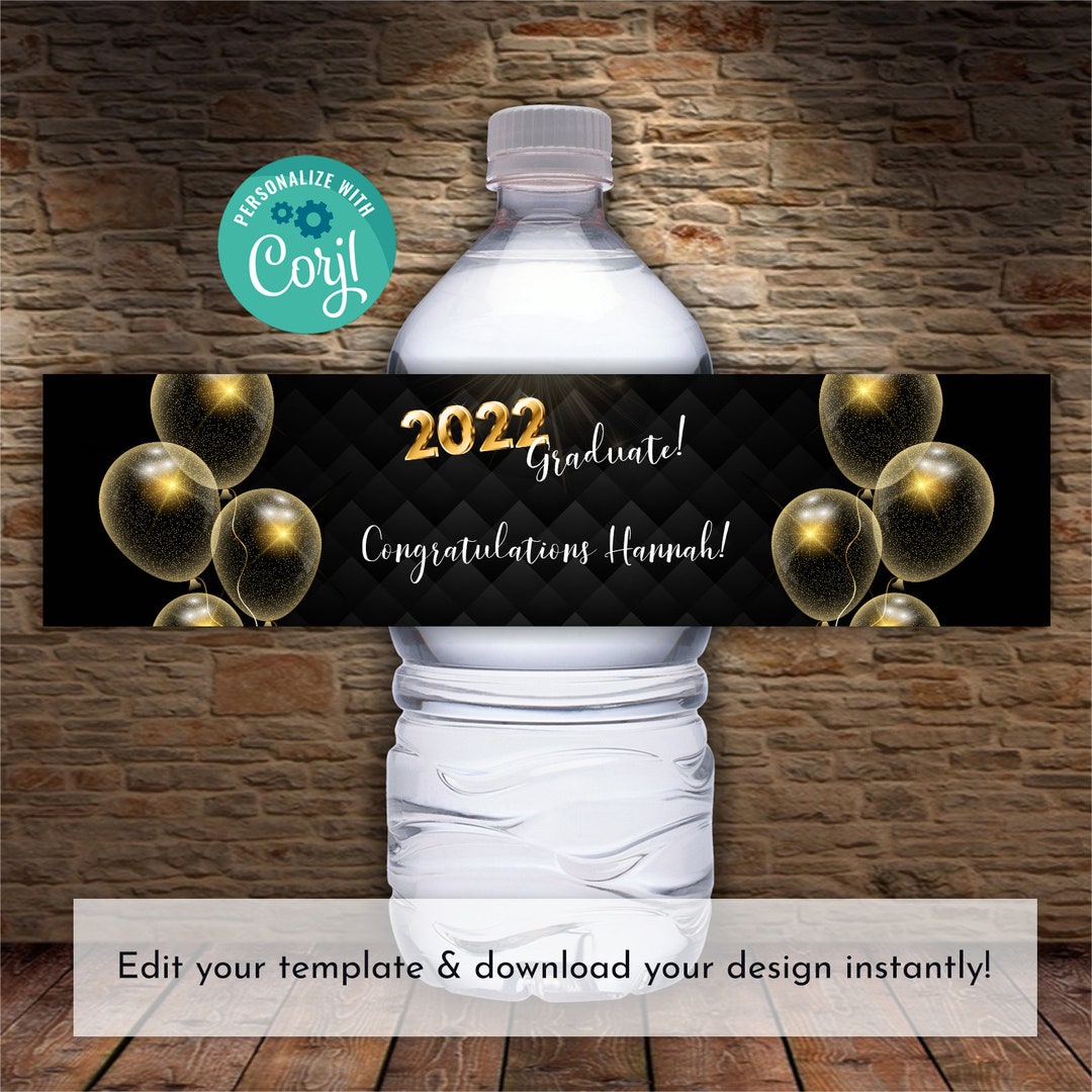 2025 Black and Gold Graduation Water Bottle Label Template - Matches ...