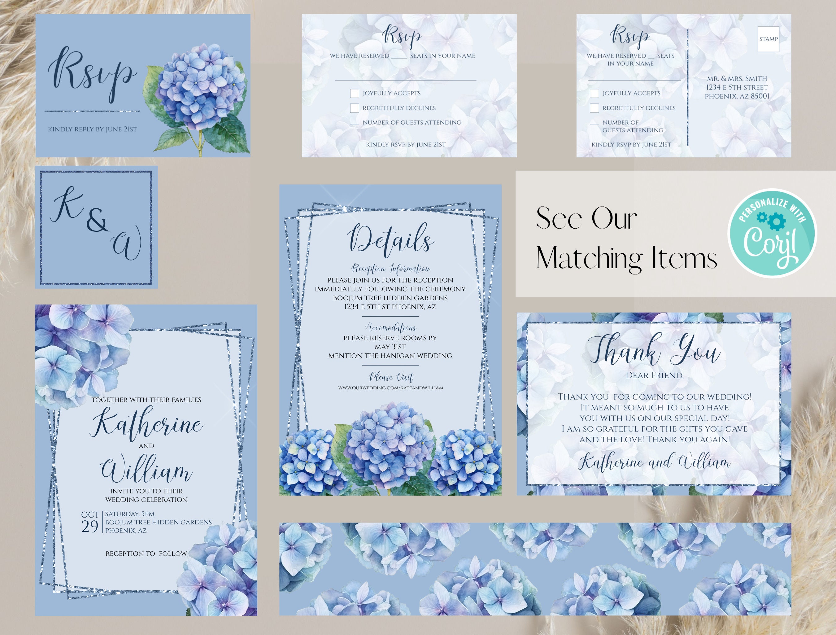 Hydrangea Blue Printable RSVP Card, Wedding Invitation Template ...