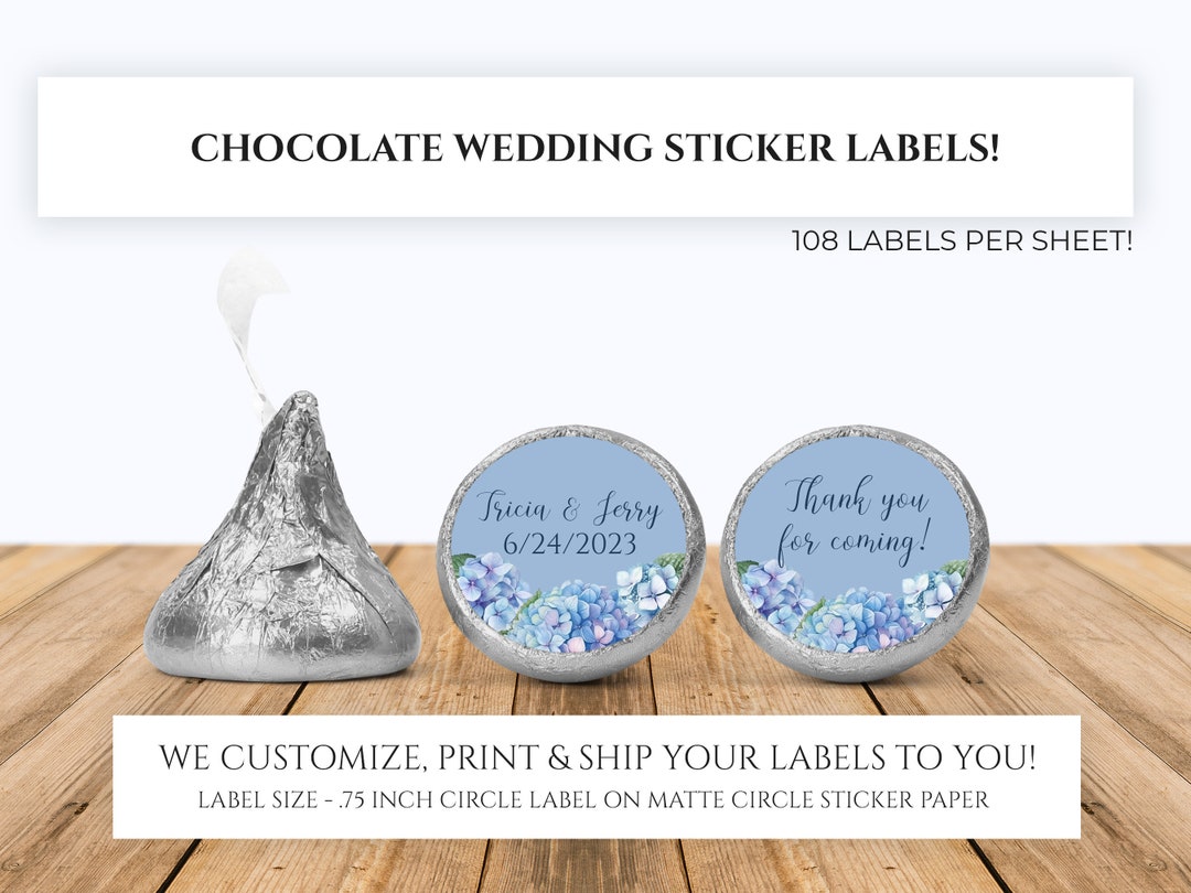 Printed Chocolate Kiss Stickers - Personalized Hydrangea Wedding Favors ...