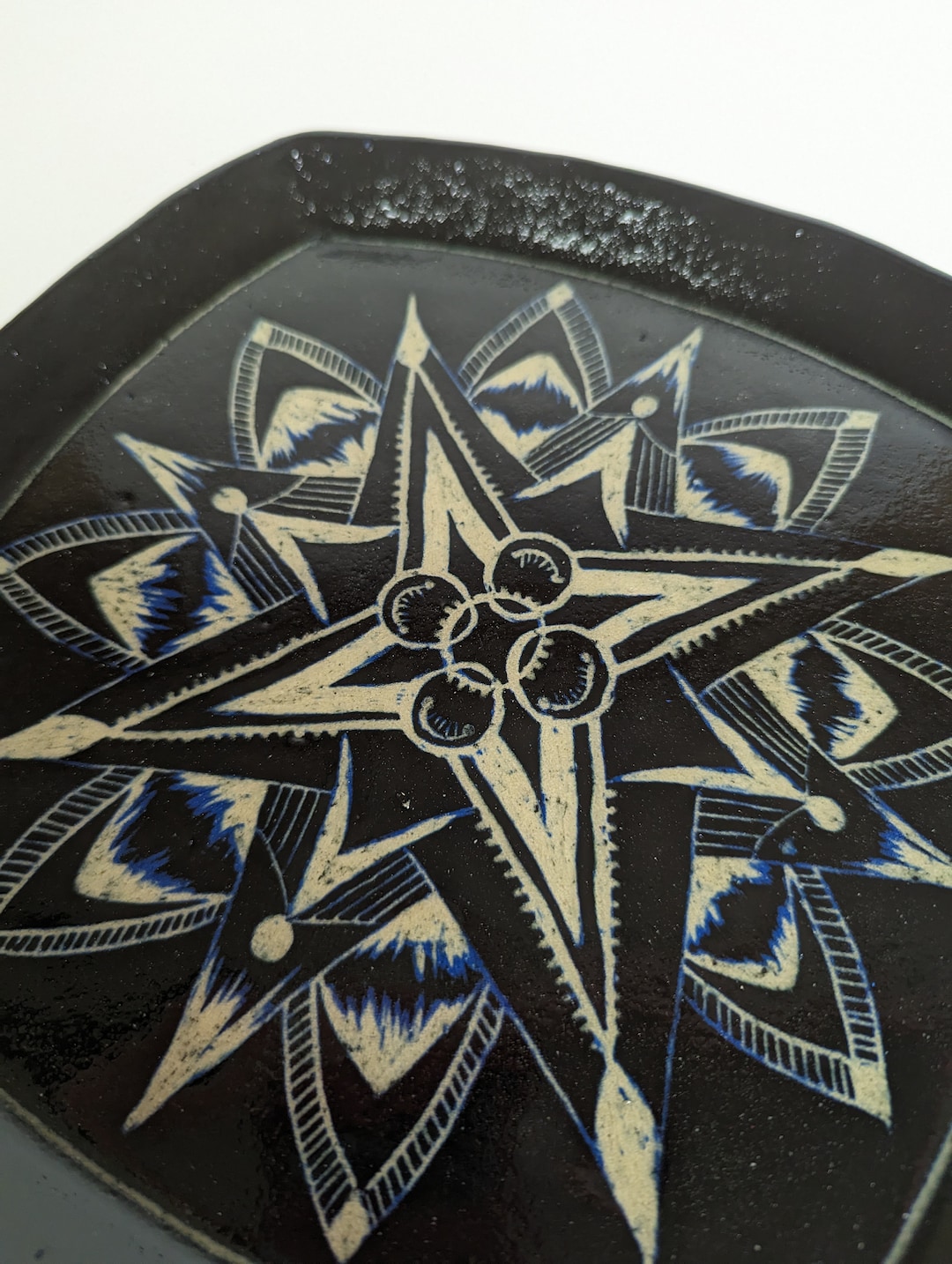 Handmade Sgraffito Ceramic Plate: Black & Cobalt Blue Pottery - Etsy